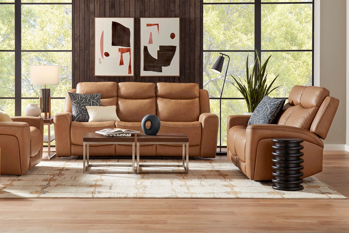 Drew & Jonathan Davidson Caramel Brown Leather Dual Power Reclining ...