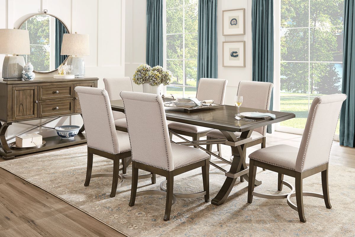 Abbey Court 8 Pc Brown Dark Wood Polyester Fabric Dining Room Set With ...