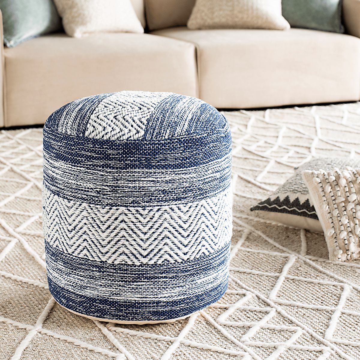 Ackrow Denim Blue Cotton,Polyester Fabric Ottoman | Rooms to Go