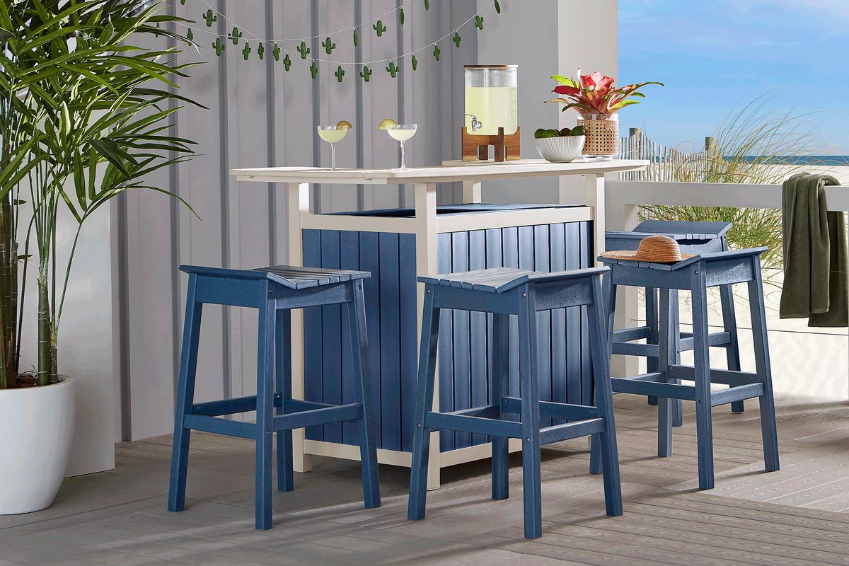 Addy 5 Pc Navy Colors Blue Synthetic Fabric Outdoor Dining Set With Bar Table, Barstool | Rooms ...
