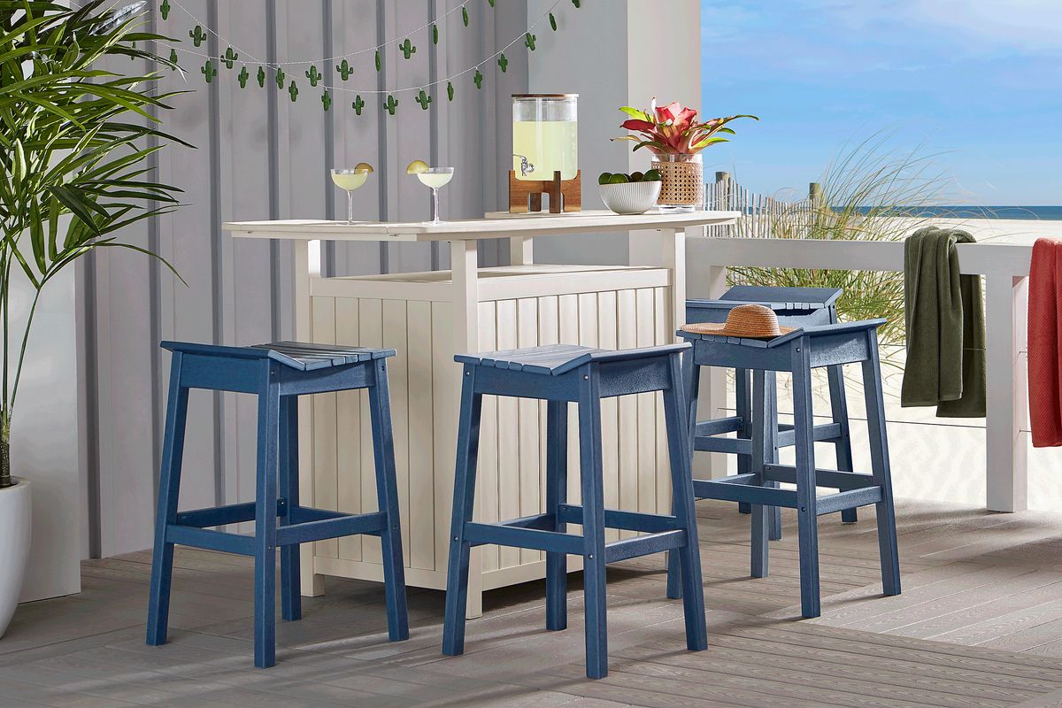 Addy 5 Pc White Colors,White Navy Blue Synthetic Fabric Outdoor Dining ...