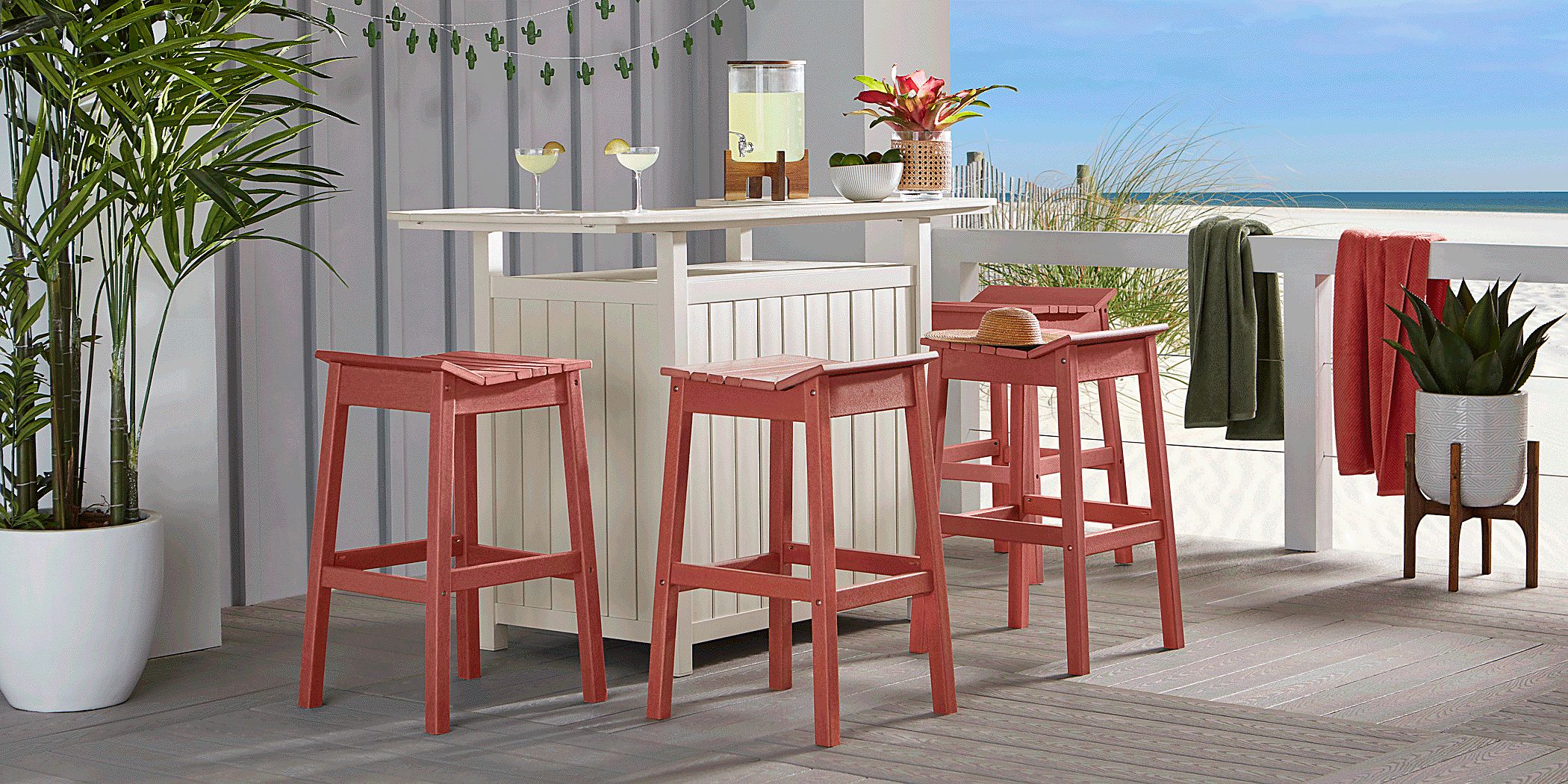 Addy White 5 Pc Outdoor Bar Dining Room with Red Barstools - Rooms To Go