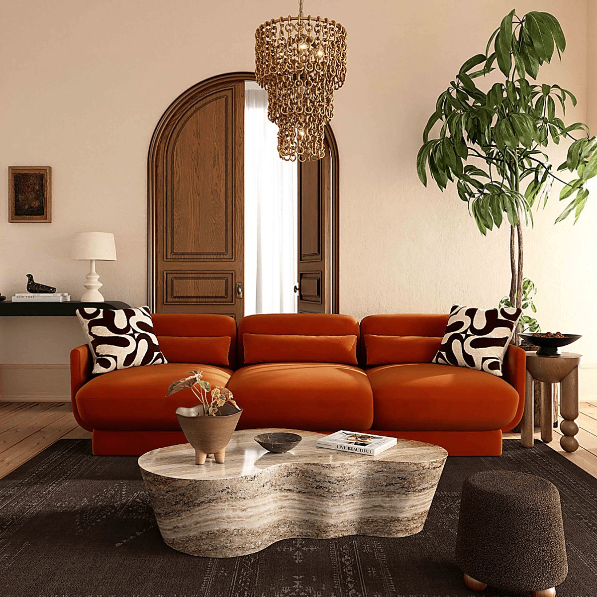 Alahandra Rust Red Velvet Plush Sofa | Rooms to Go