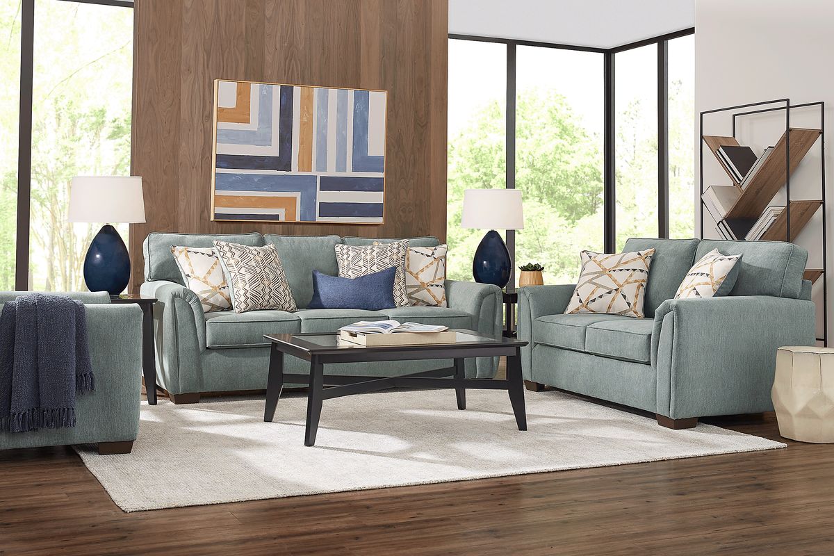 Amalie 3 Pc Teal Blue,Green Chenille Fabric Living Room Set With Sofa, Loveseat, Chair | Rooms to Go