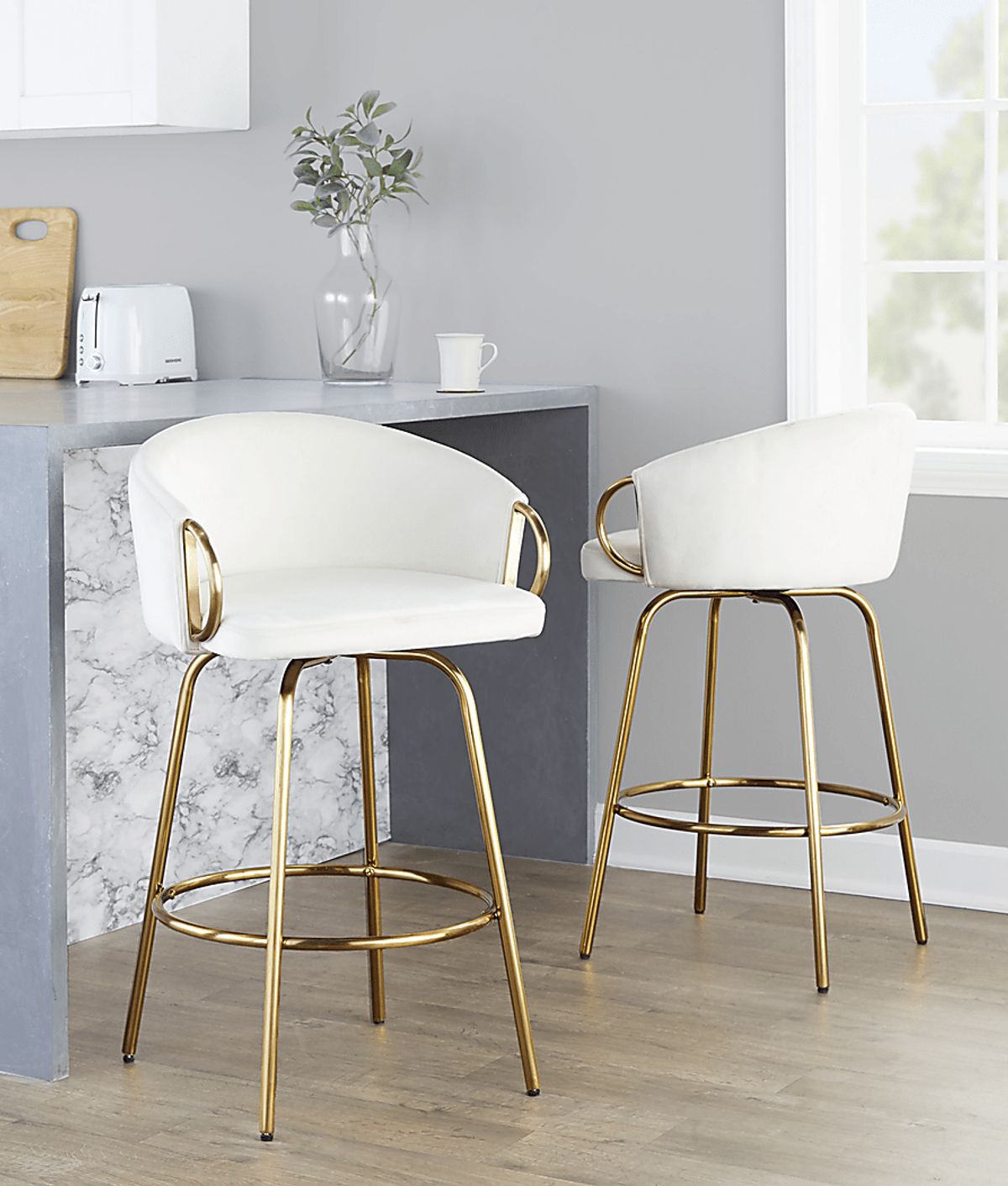 Amarante Gold Colors,Metal Cream Beige Velvet Plush Swivel Barstool ...