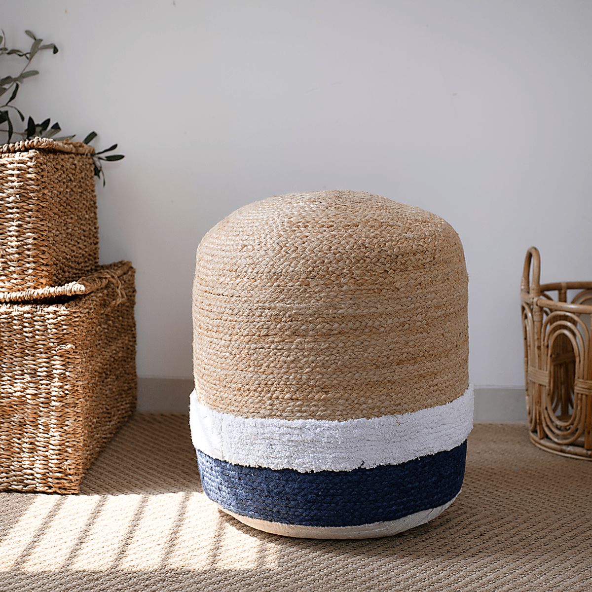 Amiden Natural,Navy Beige,Blue,White Cotton,Jute Fabric Poufs | Rooms to Go