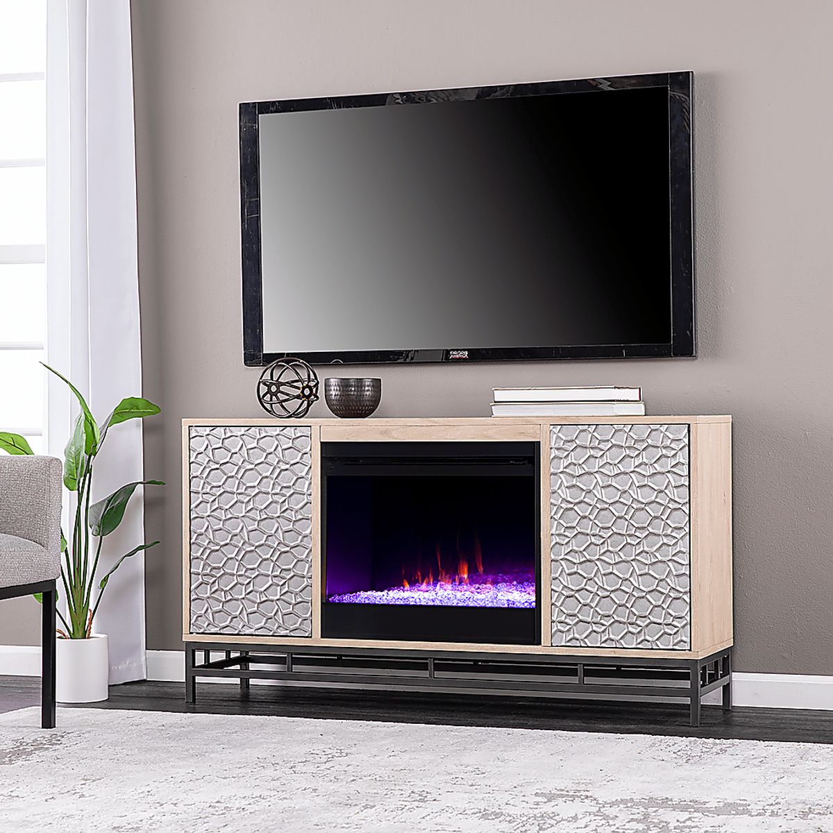 Angevine I Natural Light Wood 54" Console, With Electric Fireplace ...