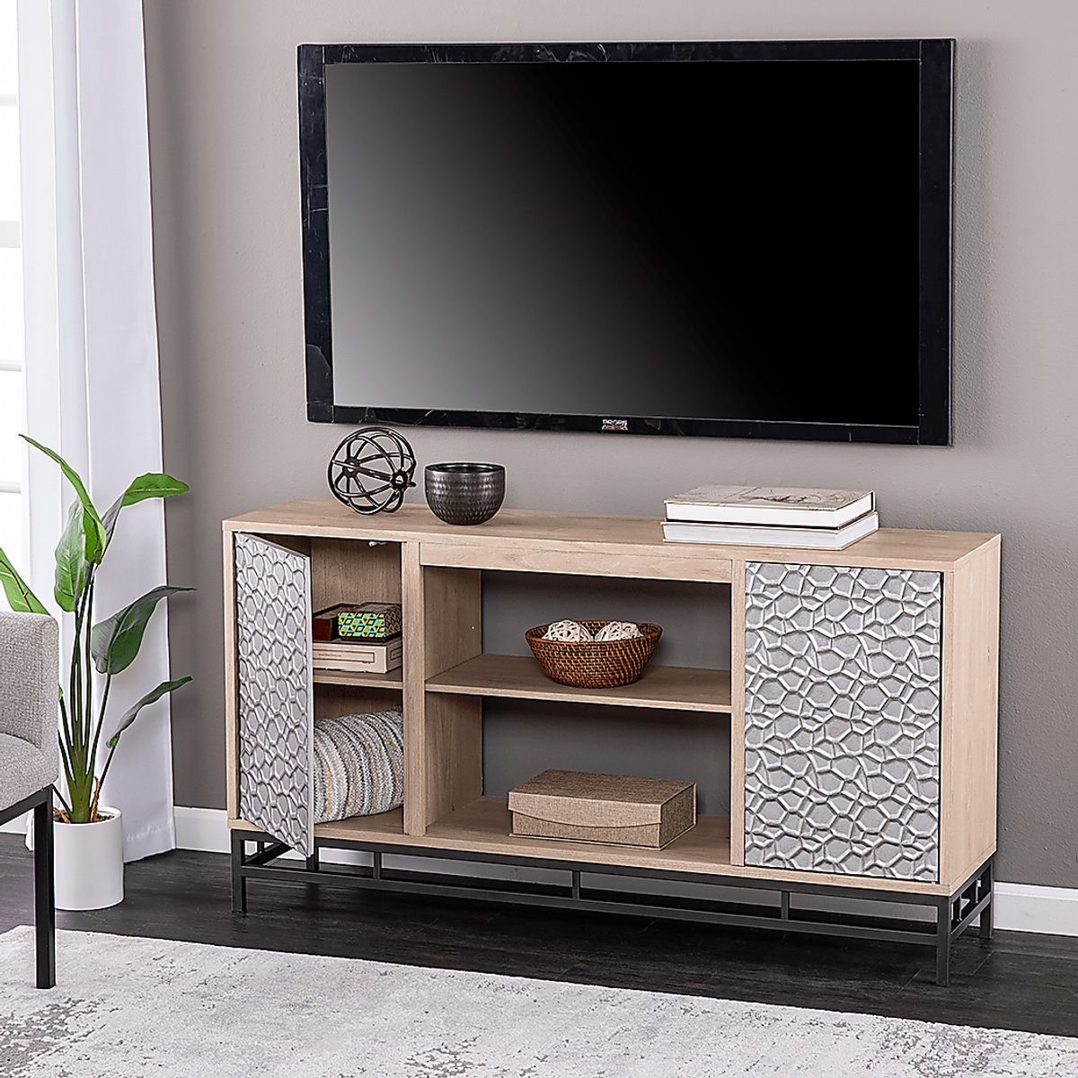 Angevine Natural Light Wood 54" Console, With Electric Fireplace ...