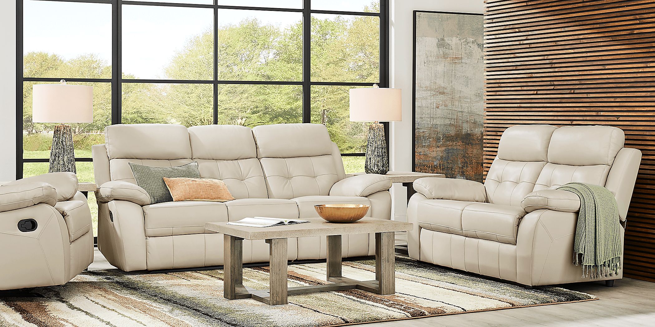 Antonin 5 Pc Beige Leather Non-Power Reclining Living Room Set With ...