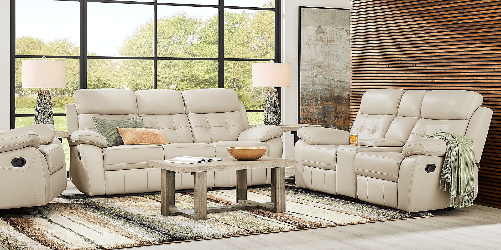 Antonin 5 Pc Beige Leather Non-Power Reclining Living Room Set With ...