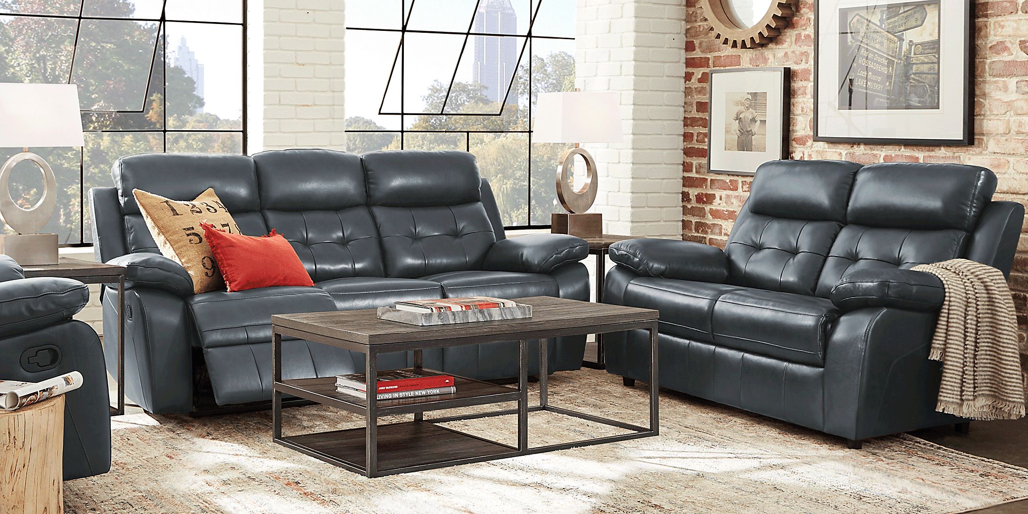 Antonin 7 Pc Blue Leather Non-Power Reclining Living Room Set With ...