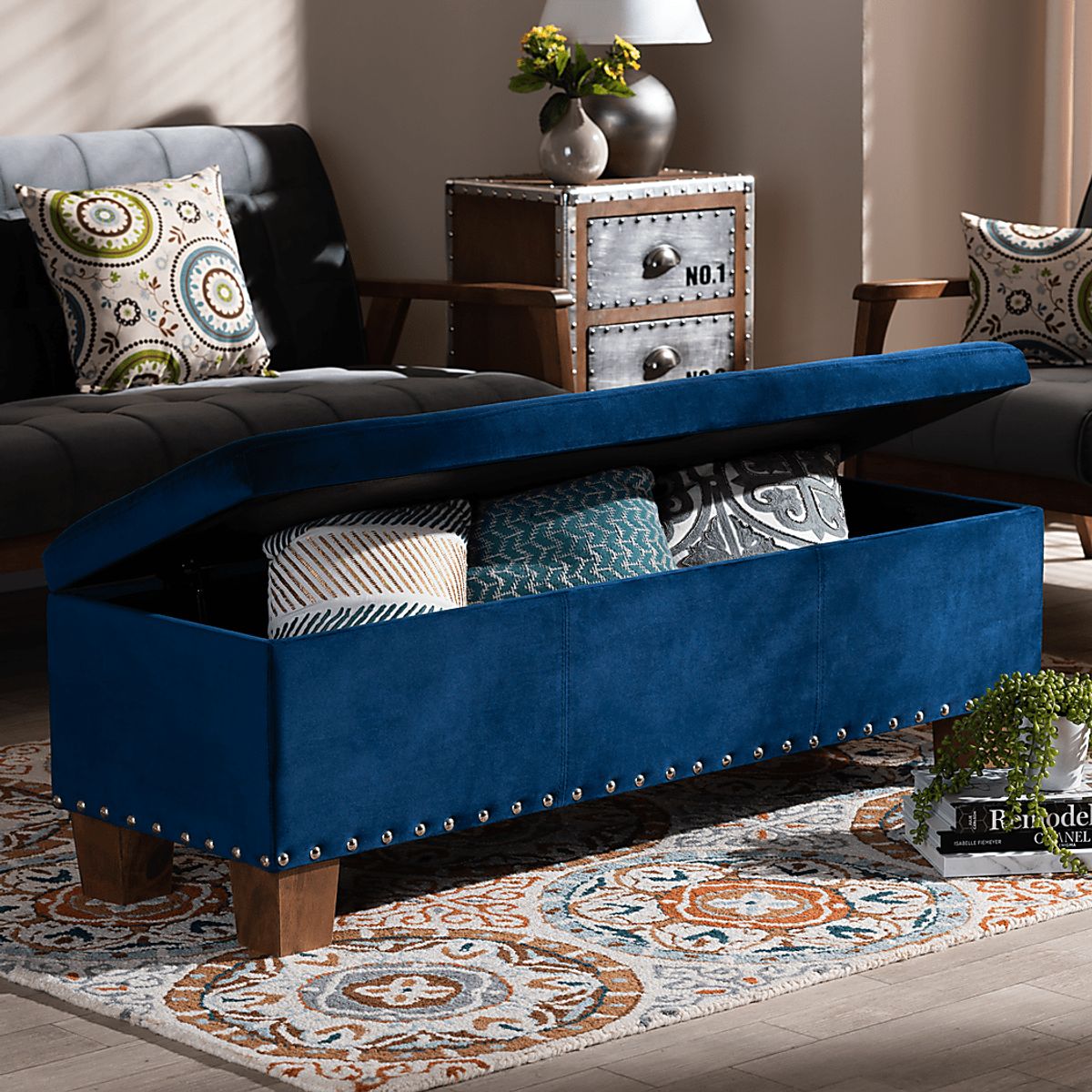 Arcanet Navy Blue Polyester Fabric Storage Bench | Rooms to Go