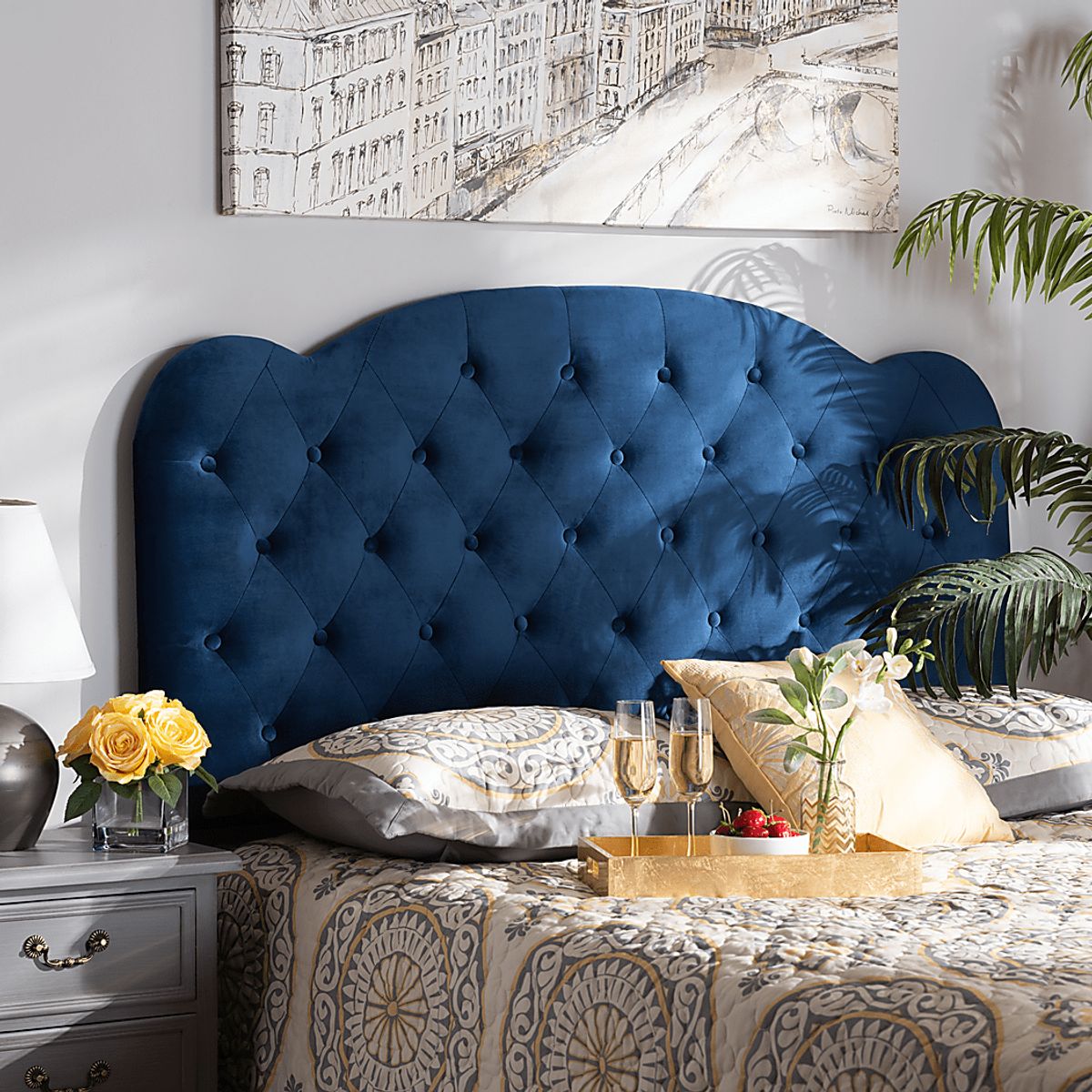 Aristocrate Navy Blue Velvet Plush Full Headboard | Rooms to Go