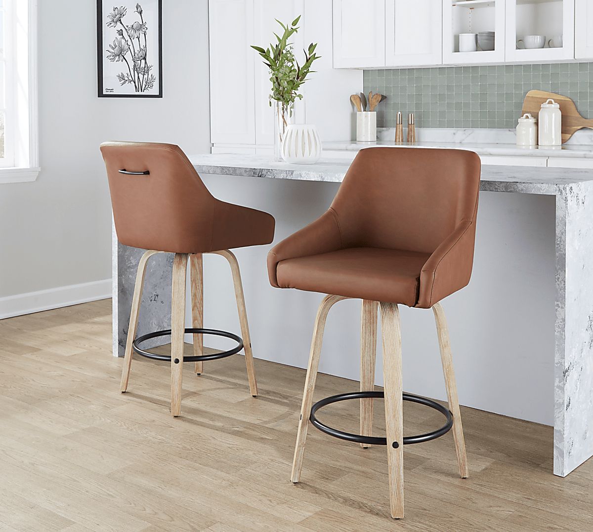 Ashlynd III White Washed Camel Brown Polyurethane Fabric Counter Height ...