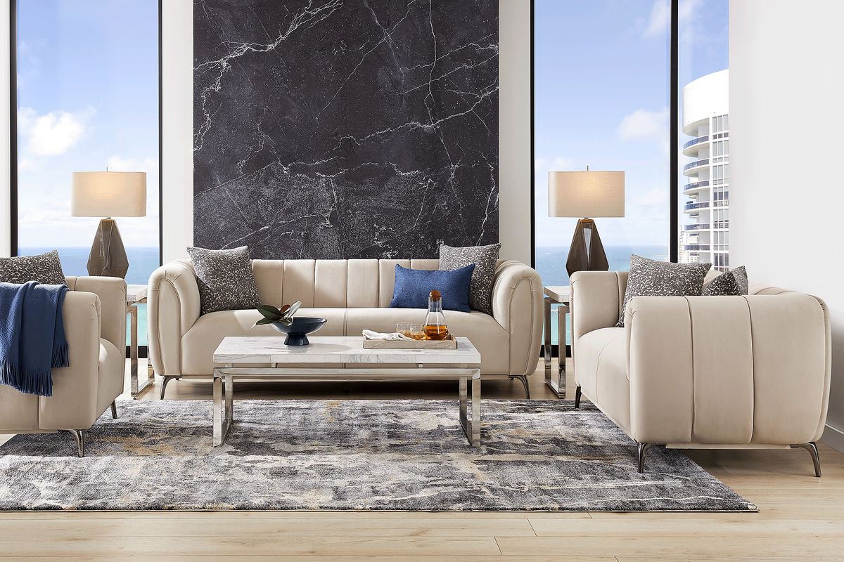 Astor 8 Pc Pebble Beige Velvet Plush Living Room Set With Sofa ...