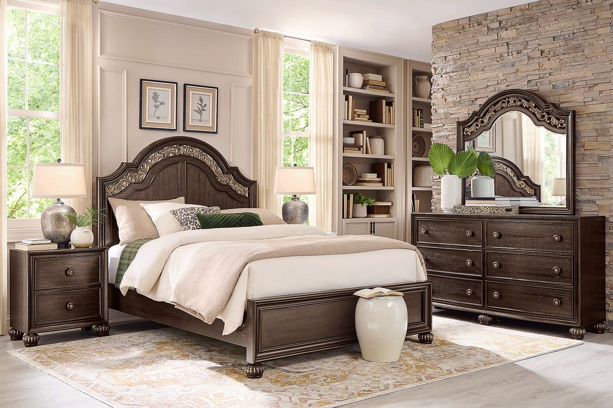 Augustine 7 Pc Brown Dark Wood Queen Bedroom Set With Dresser, Mirror ...