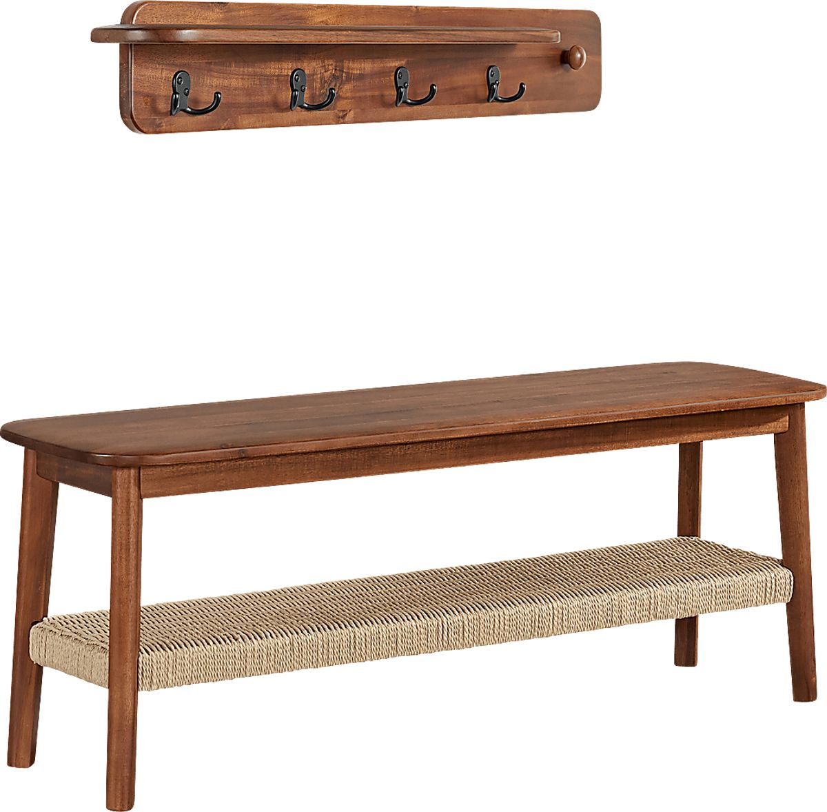 Aureli Chestnut Dark Wood Bench And Coat Hook Set | Rooms to Go