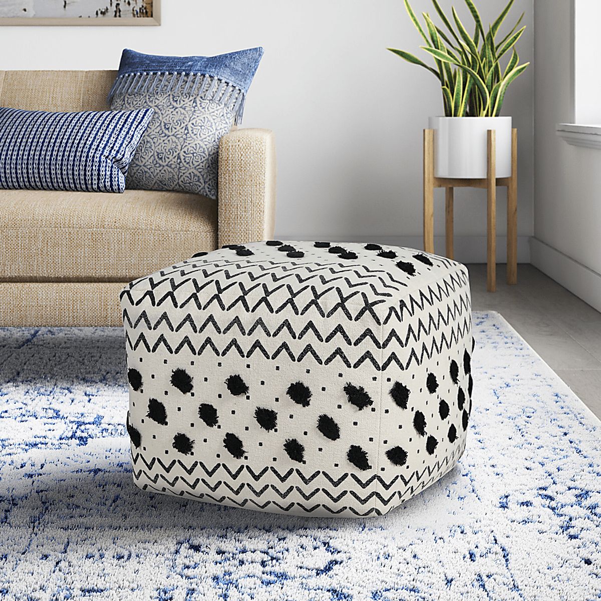 Ausian Black,White Cotton Fabric Poufs | Rooms to Go