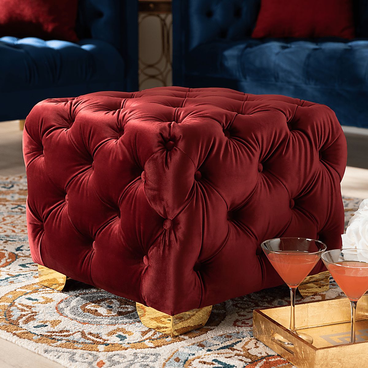 Avocet Burgundy Red Velvet Plush Ottoman | Rooms to Go