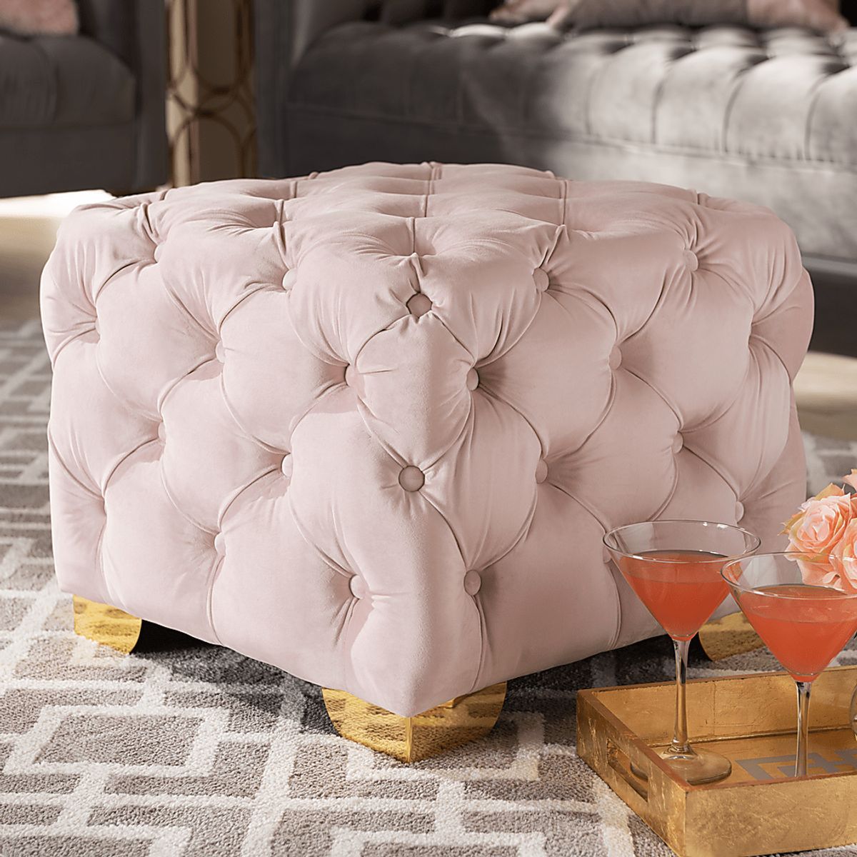 Avocet Pink Velvet Plush Ottoman | Rooms to Go