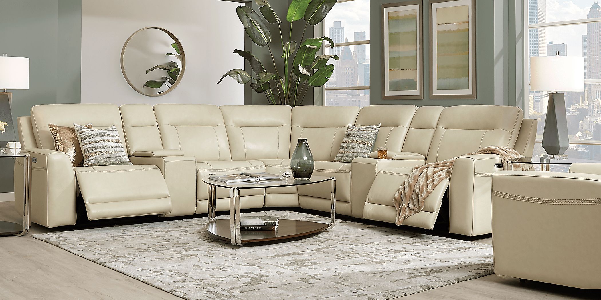 Bargotti Stone Beige Leather 7 Pc Dual Power Reclining Sectional ...