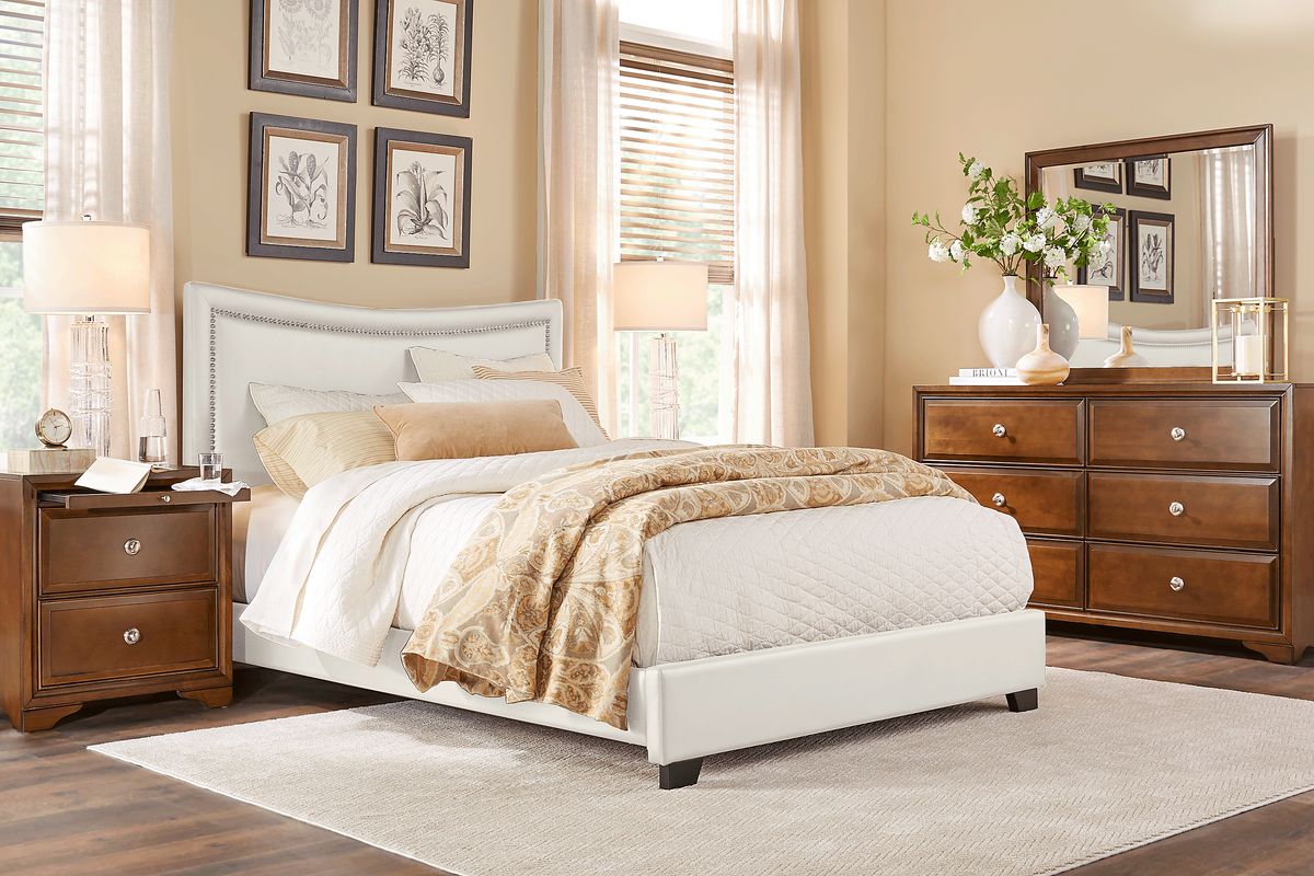 Belcourt 7 Pc Brown Cherry Dark Wood Ivory Beige King Bedroom Set With ...