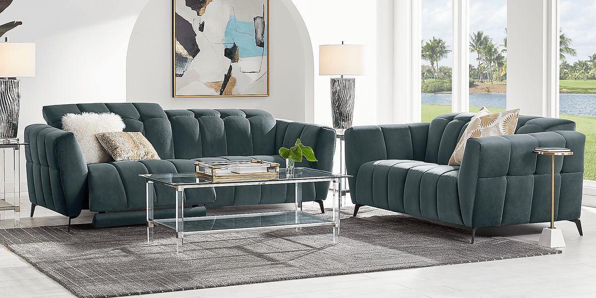 Belden Place Teal Blue,Green Velvet Plush Dual Power Reclining Sofa ...