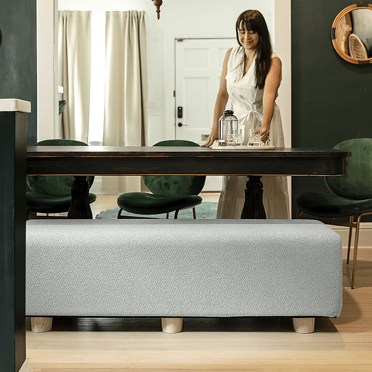 Bellemere Silver Gray Boucle Queen Bed Bench | Rooms to Go