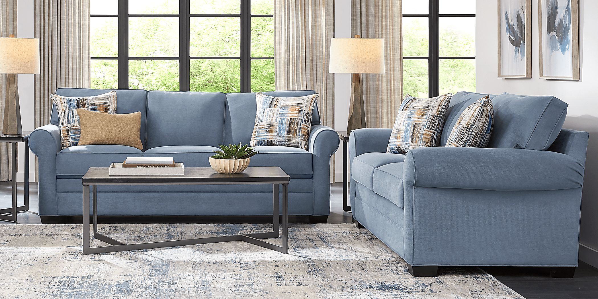 Cindy Crawford Bellingham 7 Pc Blue Microfiber Living Room Set With ...