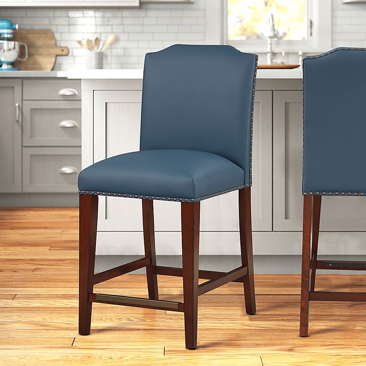 Bendview Brown Dark Wood Blue Counter Height Stool | Rooms to Go