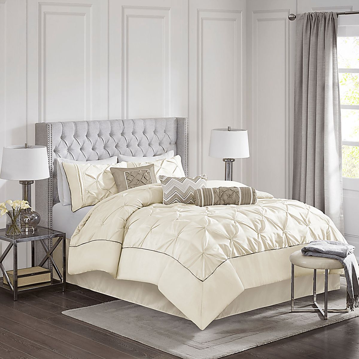 Bergerae Ivory Beige Cotton,Polyester Fabric 7 Pc King Comforter Set ...