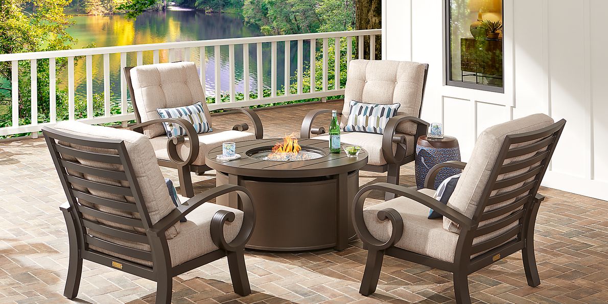 Bermuda Bay Aged Bronze 5 Pc Fire Pit Seating Set with Wren Cushions ...