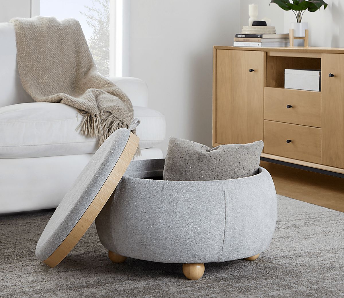 Betana Natural Light Wood Gray Fabric Ottoman | Rooms to Go