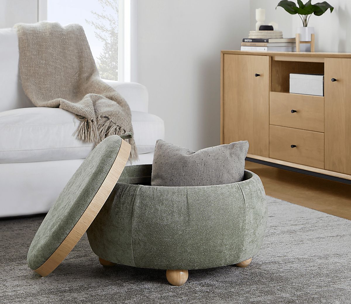 Betana Natural Light Wood Green Fabric Ottoman | Rooms to Go