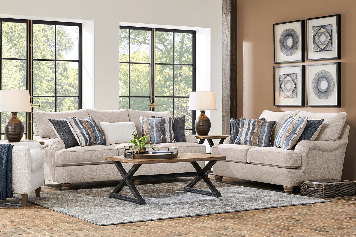 Beverly Glen 7 Pc Beige Chenille Fabric Living Room Set With Loveseat ...