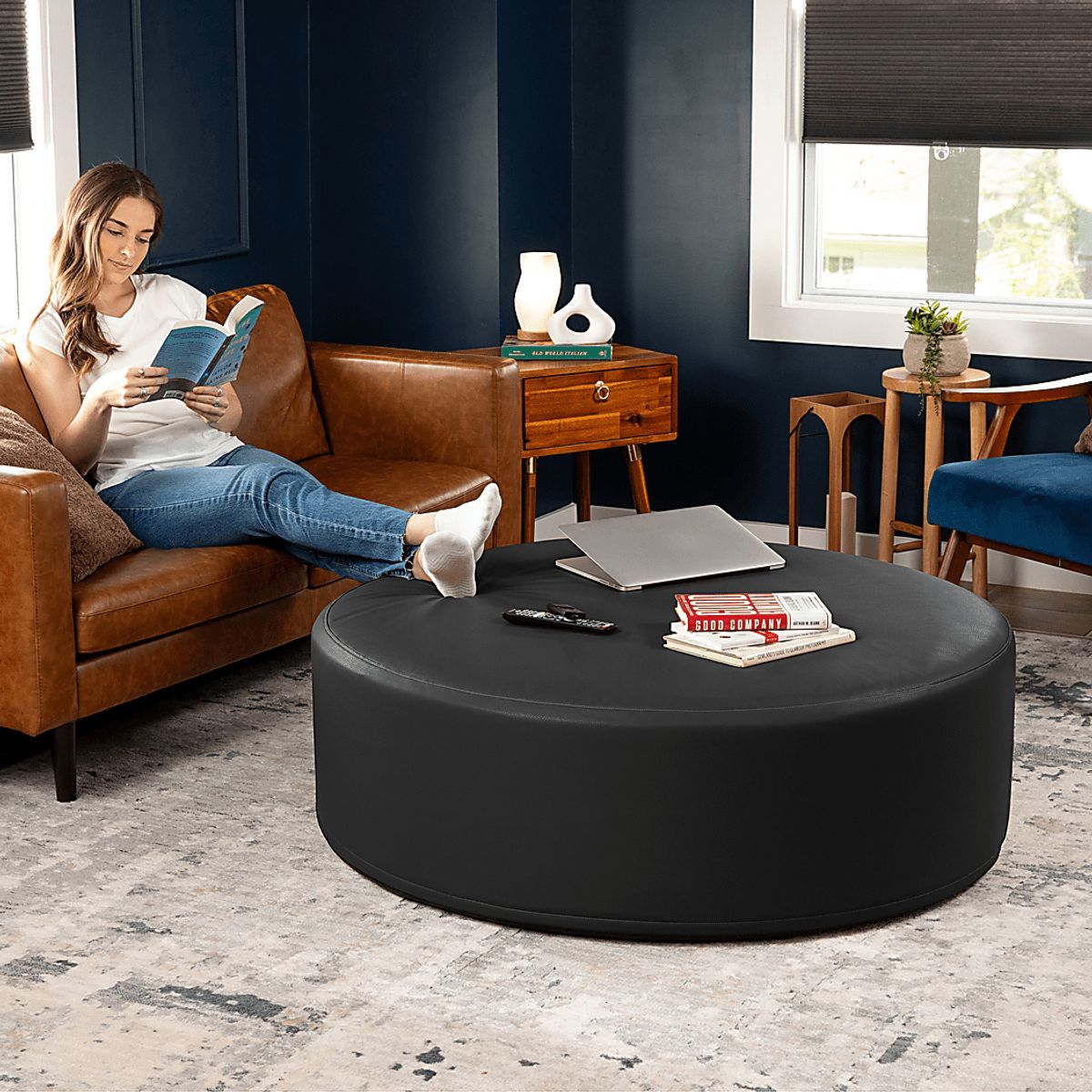 Bevina I Black Polyester Fabric Large Ottoman | Rooms to Go