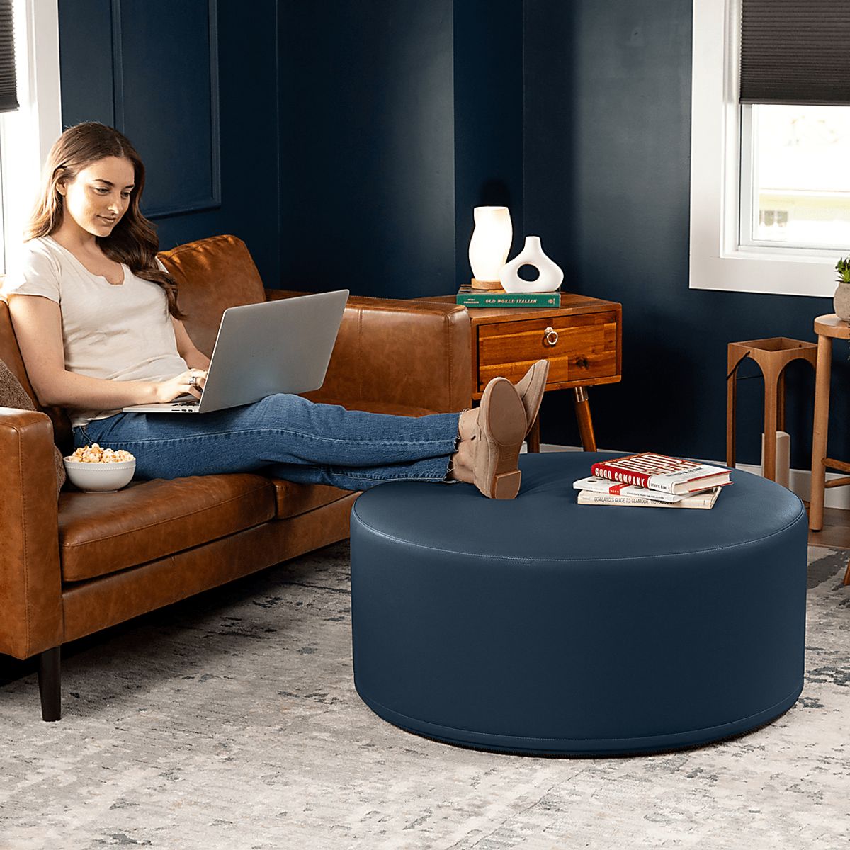 Bevina I Blue Cotton,Polyester,Polyurethane Fabric Ottoman | Rooms to Go