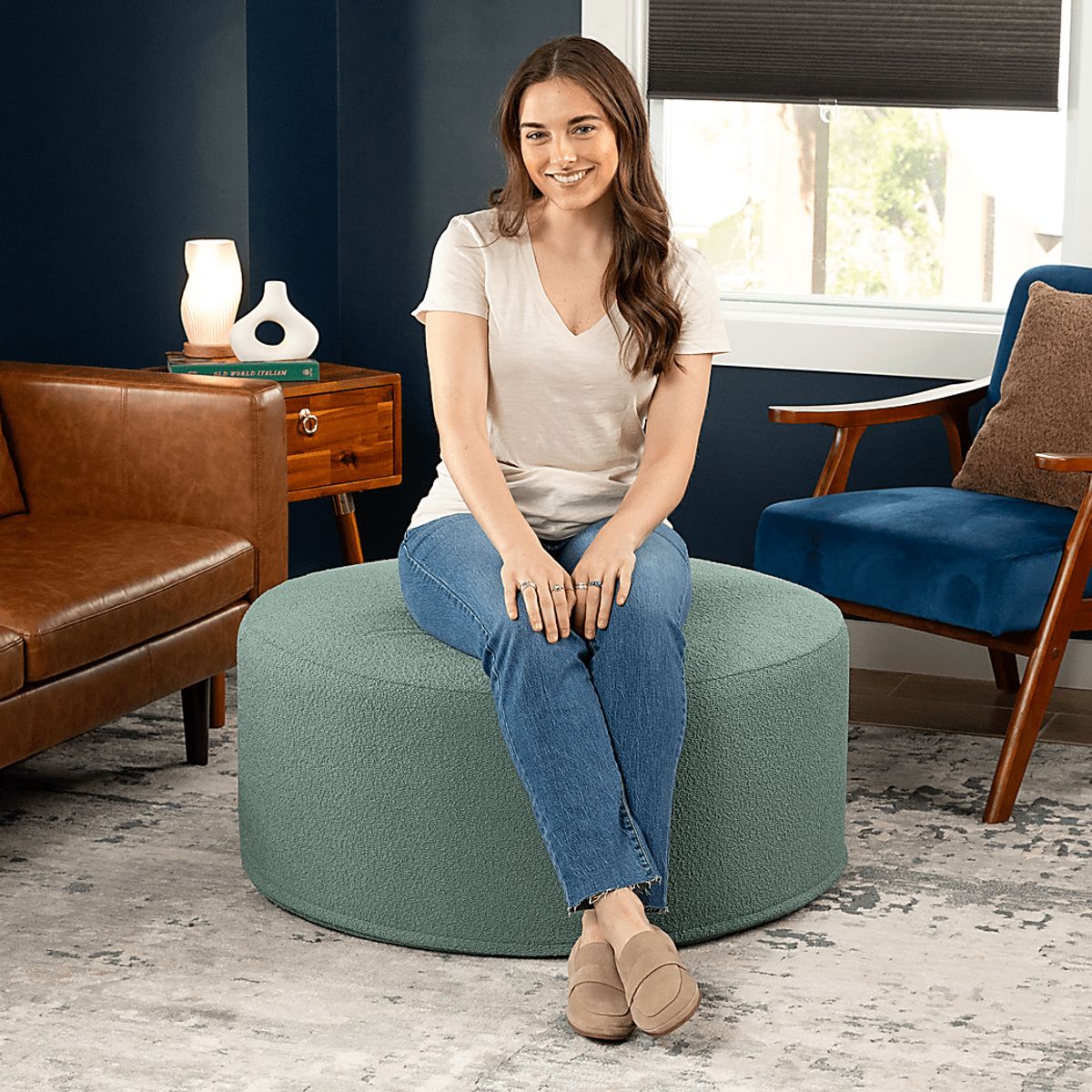 Bevina II Green Polyester Fabric Ottoman | Rooms to Go