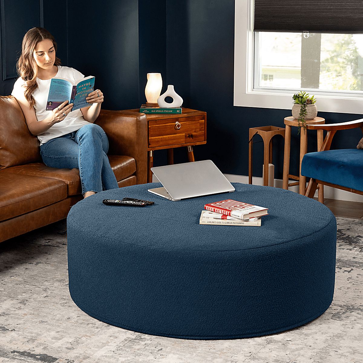 Bevina II Navy Blue Polyester Fabric Large Ottoman | Rooms to Go
