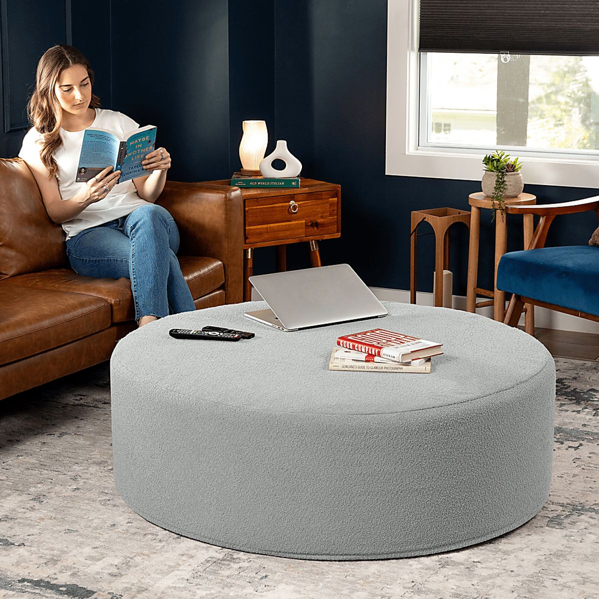 Bevina II Silver Gray Polyester Fabric Large Ottoman | Rooms to Go