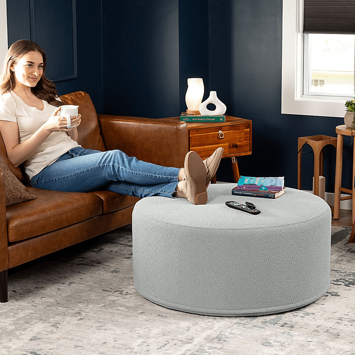 Bevina II Silver Gray Polyester Fabric Ottoman | Rooms to Go