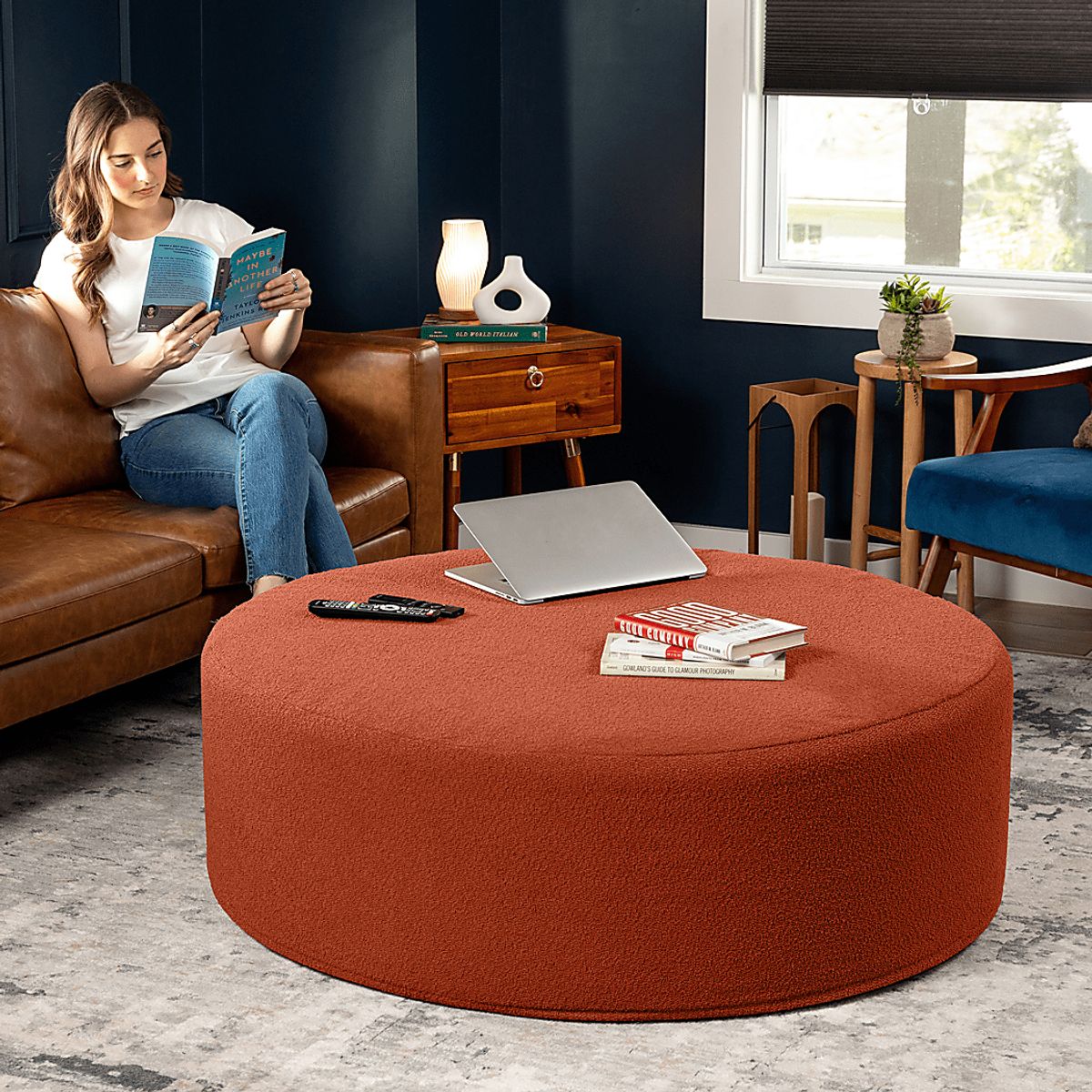 Bevina II Terracotta Orange Polyester Fabric Large Ottoman | Rooms to Go