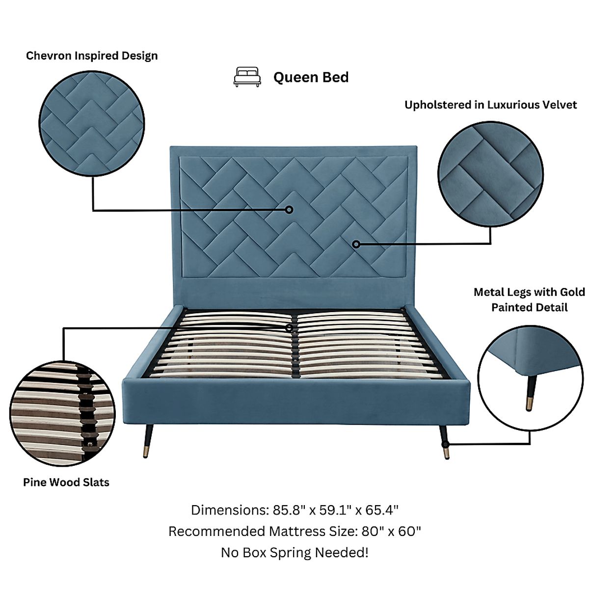 Bevra Blue Velvet Plush Queen Bed | Rooms to Go