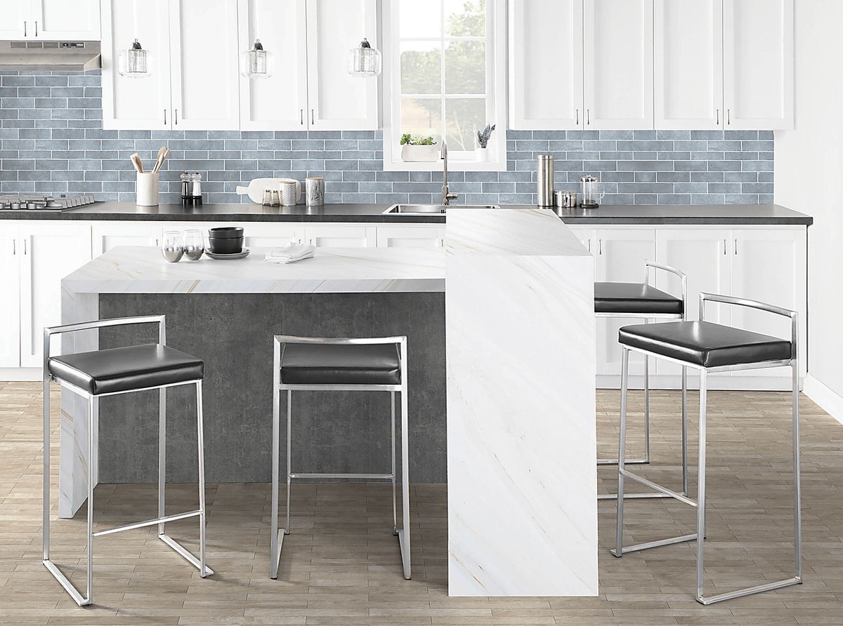 Birdlake IV Chrome Metal Black Polyurethane Fabric Counter Height Stool ...