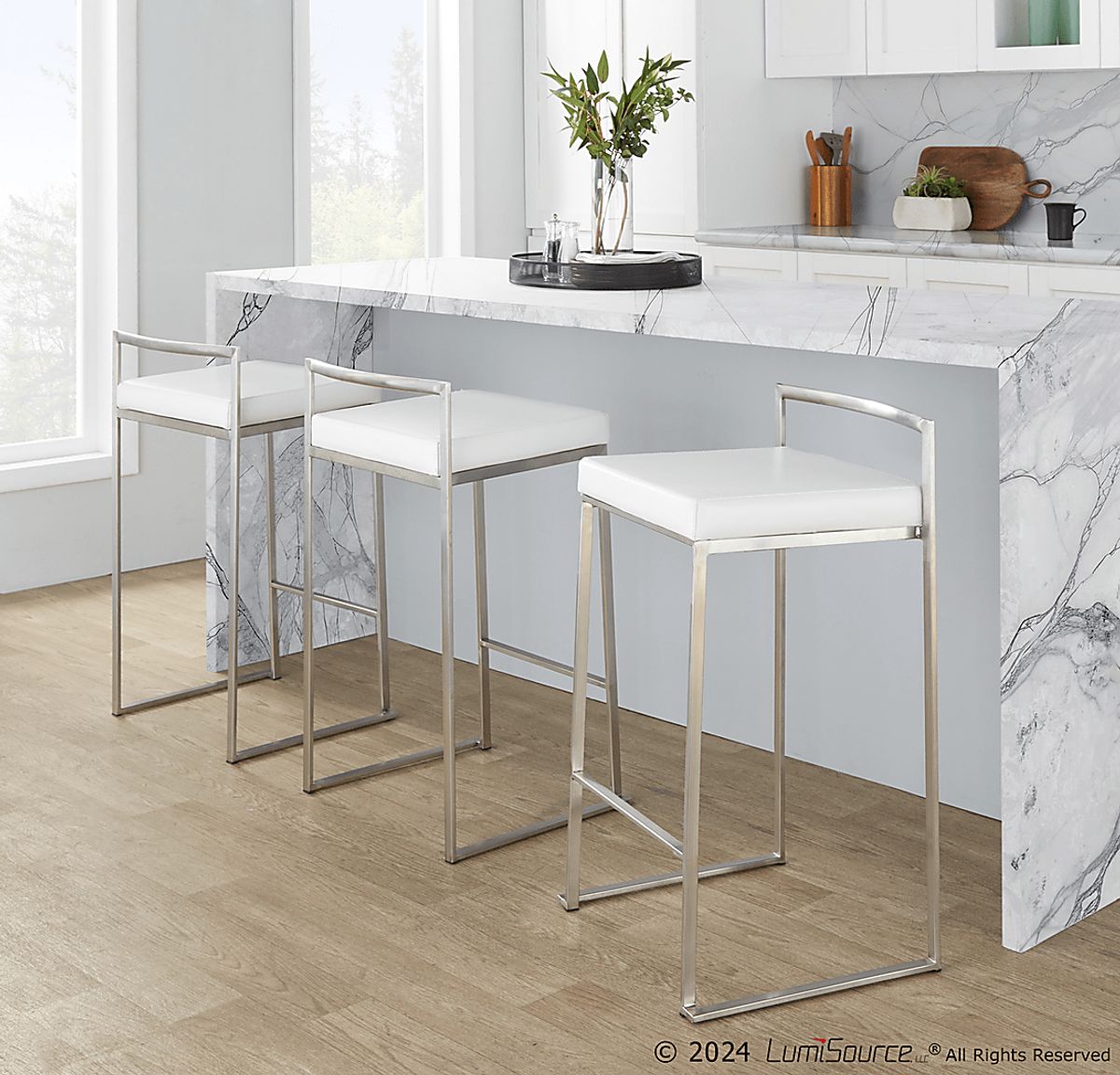 Birdlake IV Chrome Metal White Polyurethane Fabric Counter Height Stool ...