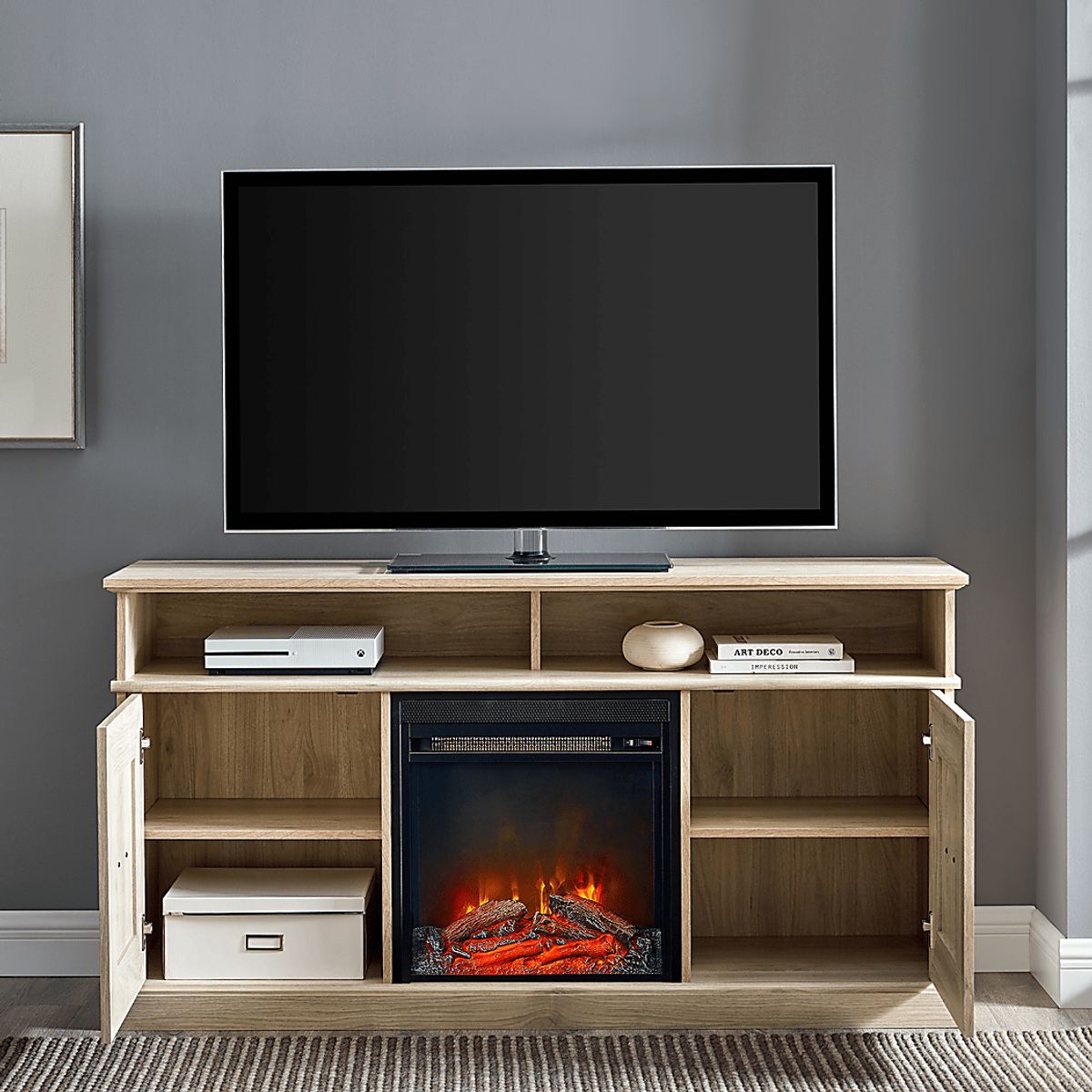 Brassiewood Birch Light Wood 58" Console With Electric Fireplace ...