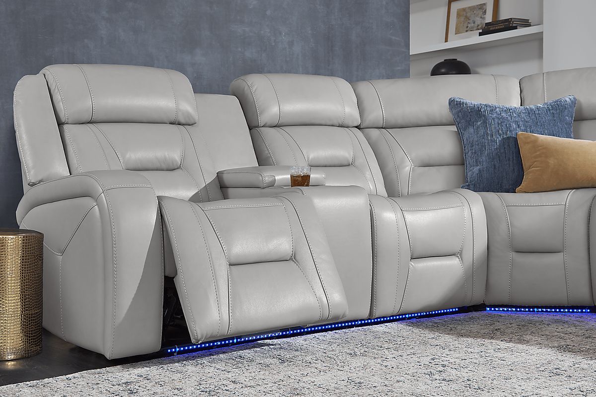 Brunswick Light Gray Leather 3 Pc Dual Power Reclining Sectional ...