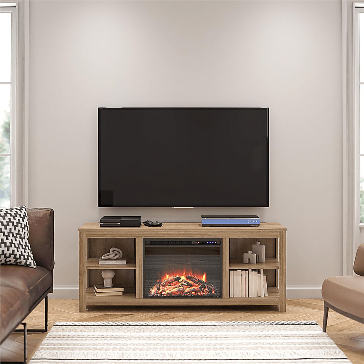 Burkhard Oak Dark Wood,Light Wood 59" Console With Fireplace | Rooms to Go