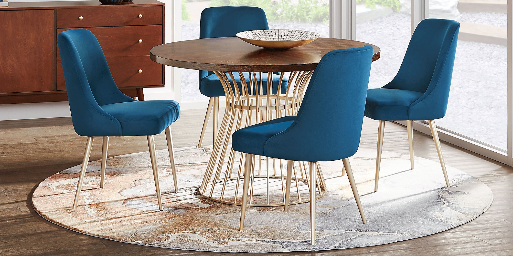 Calisi 5 Pc Brown Dark Wood Blue Dining Room Set With Dining Table ...