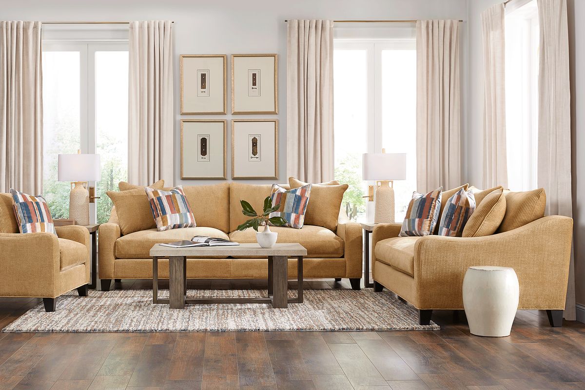 Cindy Crawford Cambria 5 Pc Gold Yellow Chenille Fabric Living Room Set ...